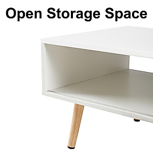 Mid Century Modern Coffee Table with Storage, 41.3 Inch Rectangle Wooden Accent Center Sofa Table with Sliding PE Rattan Woven Door Panel and Solid Wood Legs, Suitable for Living Room, Apartment