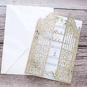 MillaSaw Glittery Gold Gate Laser Cut Invitation Card For Wedding Engagement Bridal Shower Quinceanera 25Pcs (4.9"x7.1", Gold)