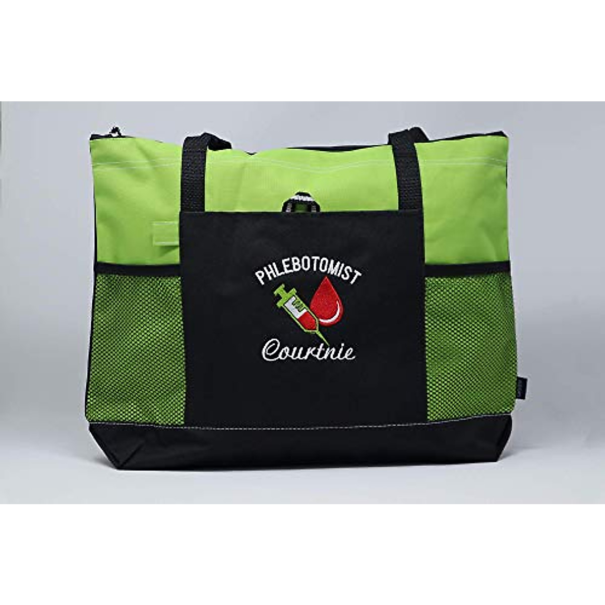 Phlebotomist Personalized Tote Bag with Mesh Pockets, Front Pocket, Zippered Closure