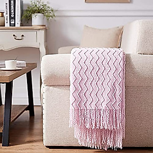 NexHome Throw Blankets for Couch Purple Pink Decorative Knit Blanket with Tassel Fringe Soft Lightweight Zigzag Textured Boho Throws (50"x60" Light Lilac)