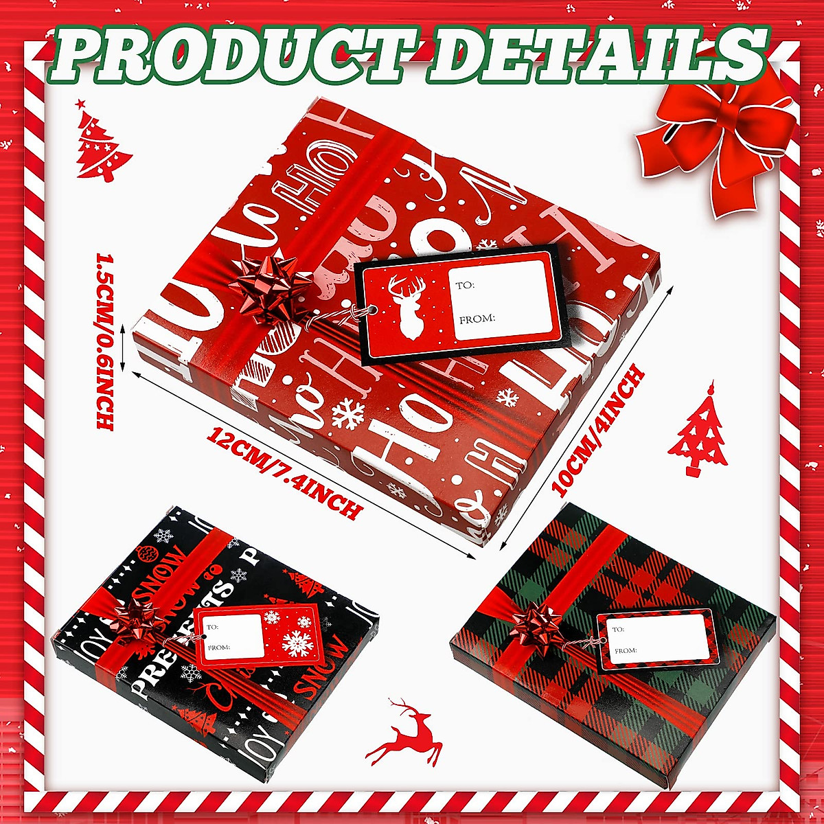 24 Pcs Christmas Gift Card Box Holders with 24 Pcs Paper Gift Tags and Bows Xmas Present Wrap Boxes Set for Teacher Christmas Holiday Party Favor Decor (Plaid, Elk, Tree, Snowflake, Character)