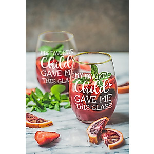 NICKANE 12oz Mom Wine Glass with Golden Rim, Gift Box as Christmas, Birthday Gifts for Mother, Step Mother - My Favorite Child Gave Me This Glass - Fun Mothers Day Gifts for Mom from Daughter, Son