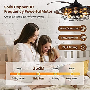 Siljoy Retractable Ceiling Fan with Lights Black Industrial Caged Ceiling Fan with Remote Controller Farmhouse Chandelier Fan with Lights for Living Room Bedroom Patio (48 Inches, 5 Lights)