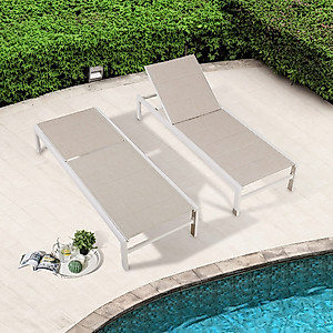 Iwicker Patio 2-Pieces Aluminum Chaise Lounge Chairs Adjustable Outdoor Quick Dry Foam Padded Lounger Reclining Chairs with 5-Position Backrest,Beige