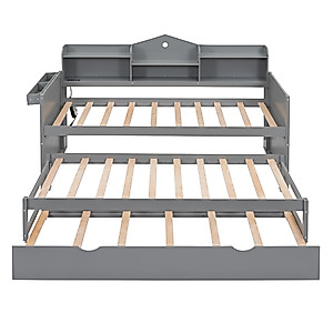Flieks Wooden Daybed, Twin XL Bed Frame with 2 Twin Trundles, Storage Shelf, and USB Charging Ports, Wood Slat Support, No Box Spring Needed, Easy Assembly, Grey