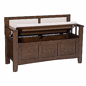 Linon Umber Brown Carlton Rustic Storage Bench with Beige Upholstered Back and Cushioned Seat