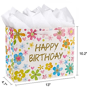 SUNCOLOR 13" Large Birthday Gift Bags with Tissue Paper and Card(Flowers)