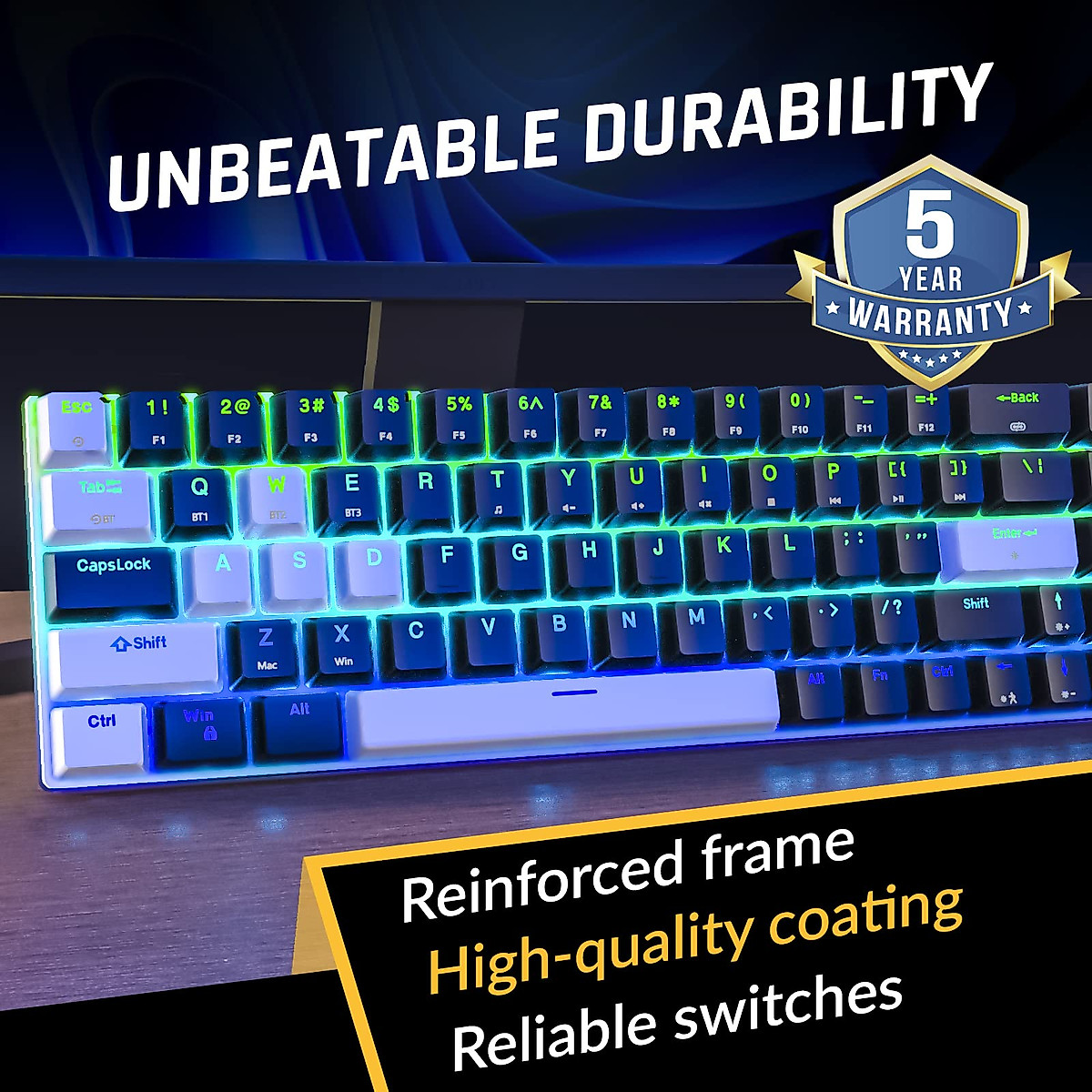 KLIM Shift Wireless Mechanical Keyboard - 2024 Version - Hotswap TKL RGB w/Extra 68 Keycap Set - Backlit Mini Gaming Keyboard - 2.4 GHz Wireless & Bluetooth Keyboard - 60 Percent Keyboard - PC Gamer