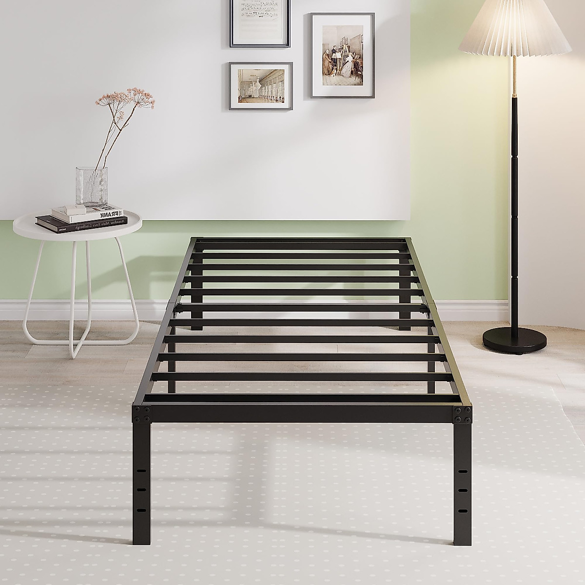 EMODA 18 Inch Twin Bed Frame No Box Spring Needed, Heavy Duty Tall Metal Twin Platform Bed Frames with Large Storage Space, Noise Free, Easy Assembly, Black