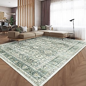 HOMFINE Machine Washable Rug 5'x7' - Vintage Design Area Rugs with Non Slip Rugs for Living Room Bedroom Floral Print Rug Carpet Stain Resistant, Home Decor Office Area Rug, Green