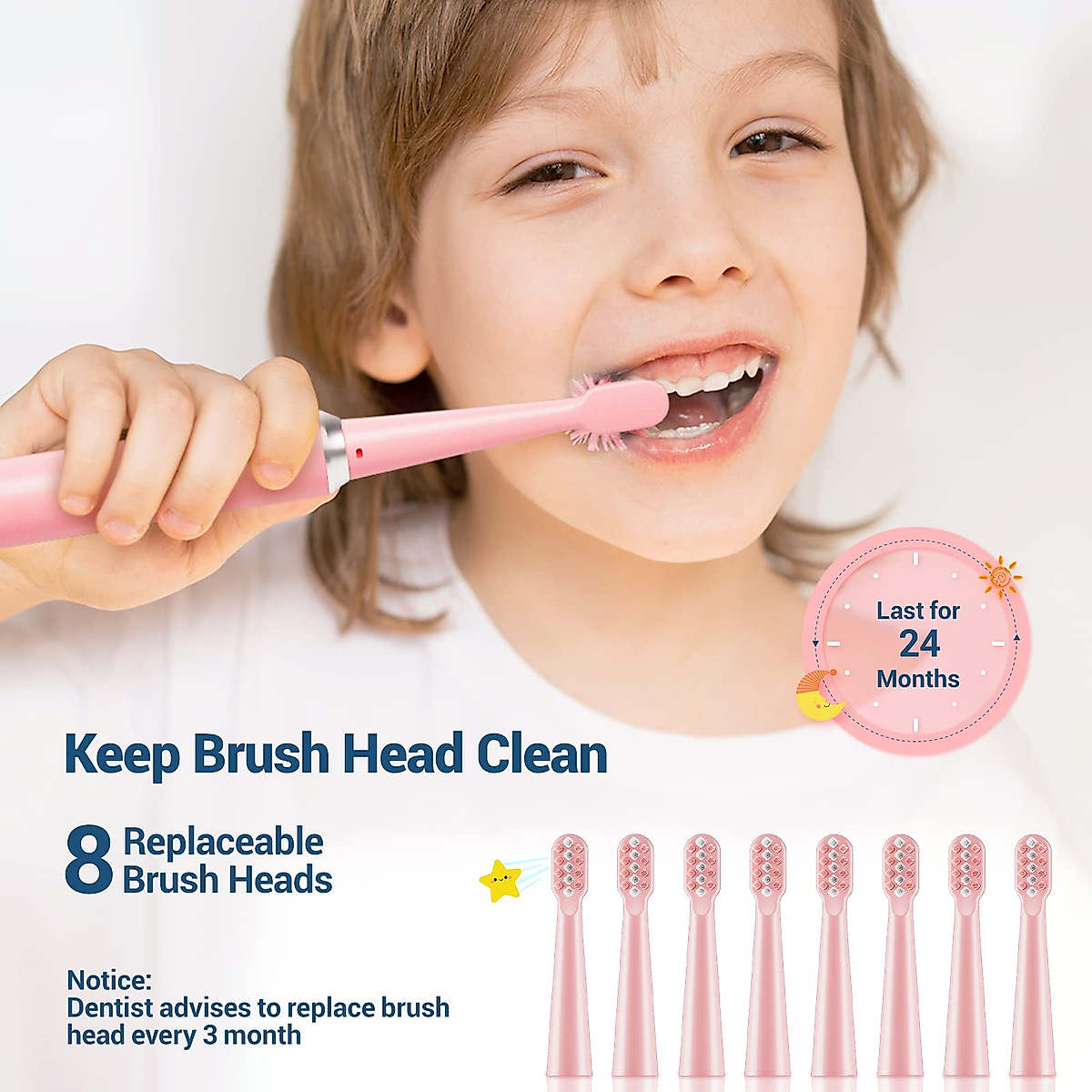 TRVLAEWOR Sonic Electric Toothbrush for Kids and Adults, UltraSonic Motor, 8 Brush Heads, 5 Modes, 3 Hours Fast Charge for 60 Days, Smart Timer, Electric Toothbrushes, Pink