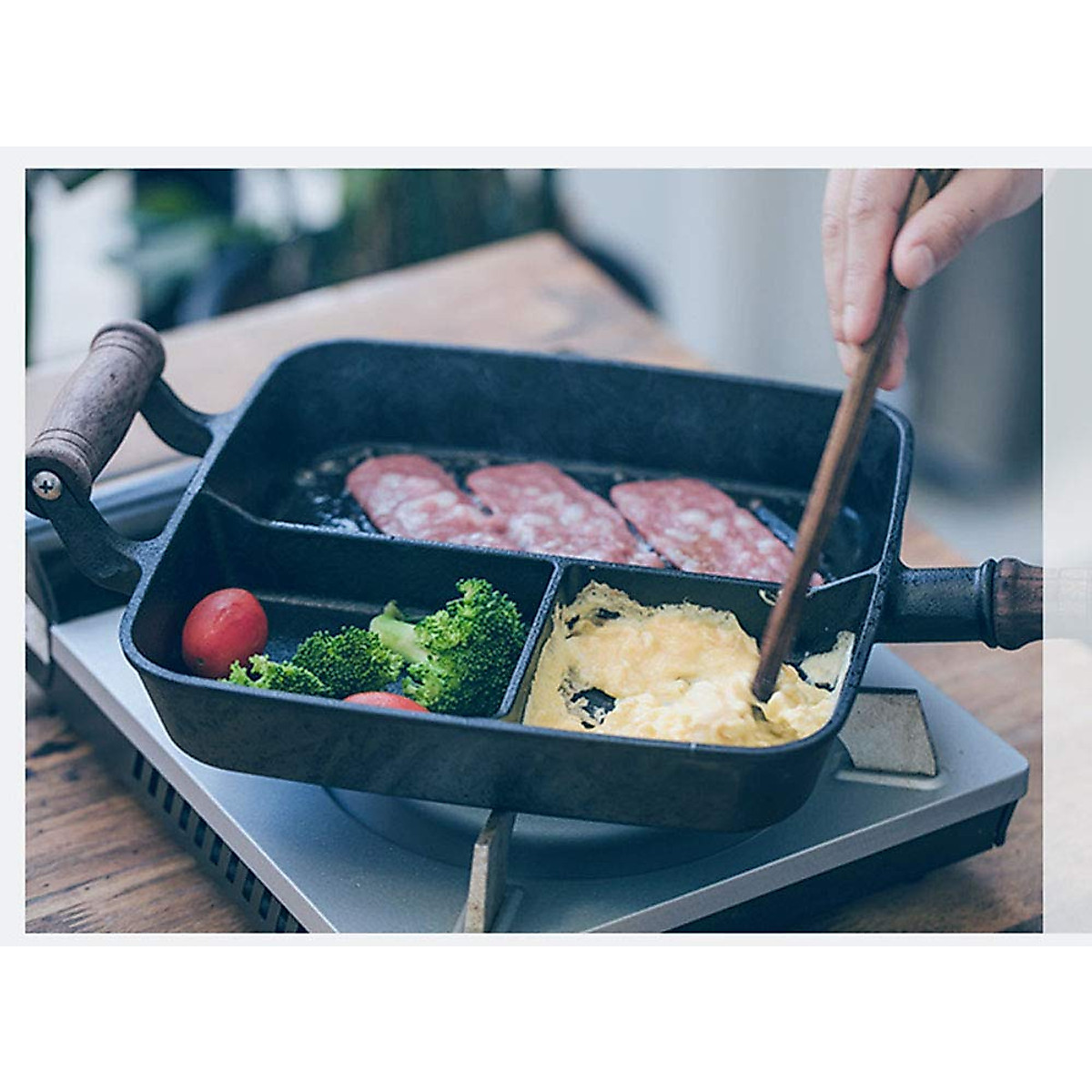 CapriTech Cast Iron Grill Pan 3 Section Breakfast Skillet Frying Pan with 2 Assist Handle for Gas Stove & Induction Cooker