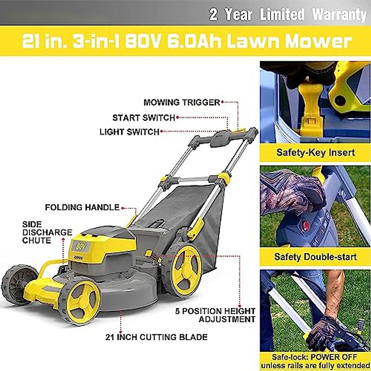 Efficient Convenient Cordless 21'' 80V Walk-Behind Electric Lawn Mower-Take Care of The Lawn Easily