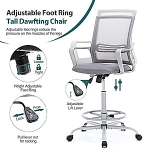 SMUG, Ergonomic Tall Standing Desk Adjustable Foot Ring Drafting Stool Counter Height Office Chairs, Grey