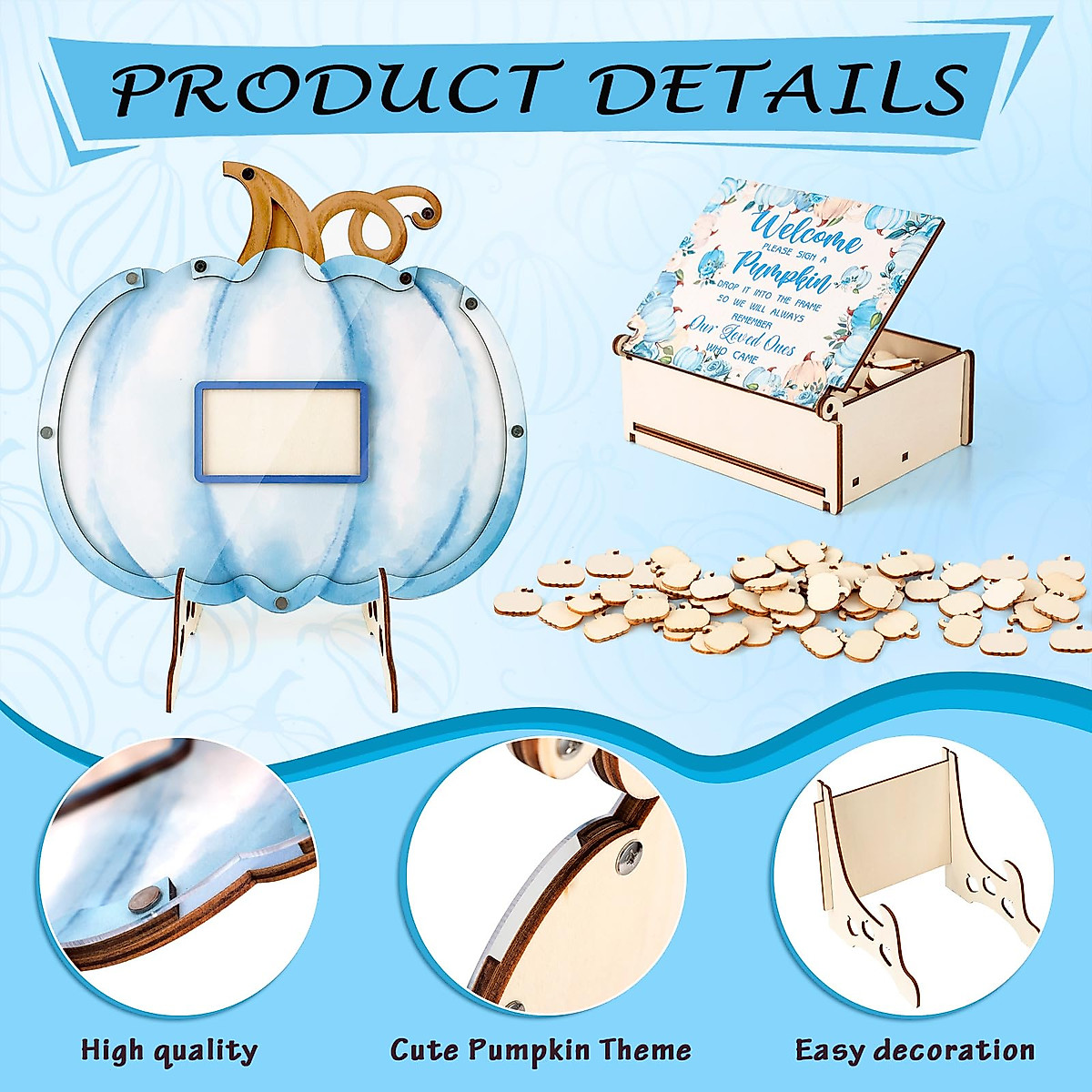 YLOLUL Blue Pumpkin Baby Shower Guest Book Alternatives Set with 62 Pcs Fall Baby Shower Guestbook with Photo Frame Rustic Guest Book Alternative for Baby Boy Birthday Party(Blue)