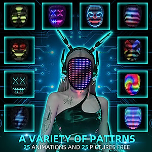 Ompusos LED Mask with Gesture Sensing Transforming Light Up Face Mask for Halloween Rave, Birthday and Masquerade Parties