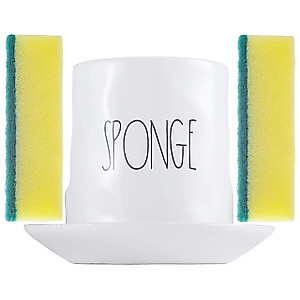 Sponge Holder for Kitchen Sink Modern Farmhouse White Ceramic Sponge Caddy with Drip Tray & Includes Two Sponges by Salbree (White, 1)
