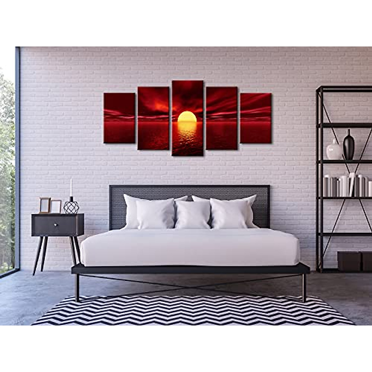 Wieco Art Red Sun Canvas Prints Wall Art Ocean Sea Beach Pictures Paintings Ready to Hang for Living Room Bedroom Home Decorations Modern 5 Piece Stretched and Framed Grace Landscape Giclee Artwork