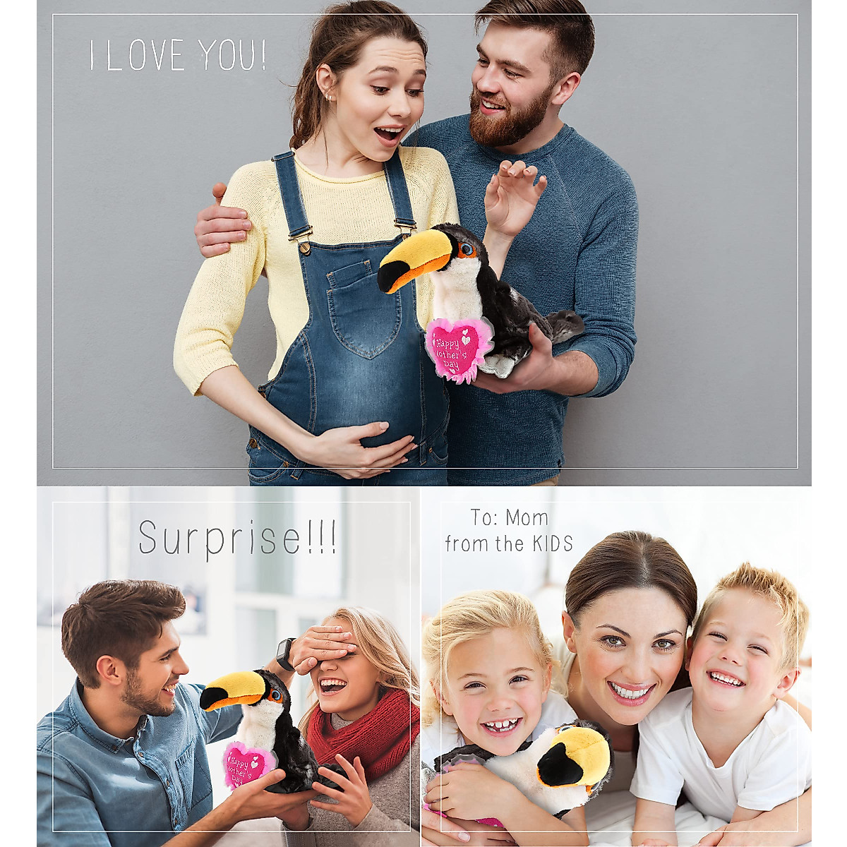 DolliBu Happy Mother's Day Super Soft Plush Toucan Doll Figure - Cute Stuffed Animal with Pink Heart Message for Best Mommy, Grandma, Wife, Daughter - 8" Inches