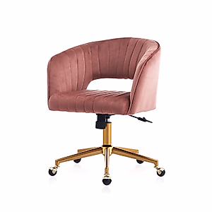 FENFSHE Home Office Chair Swivel Velvet Desk Chair, Vanity Chair with 360 Swivel Armchair and Gold Base,for Living Room, Bedroom, Vanity, Study (Pink)