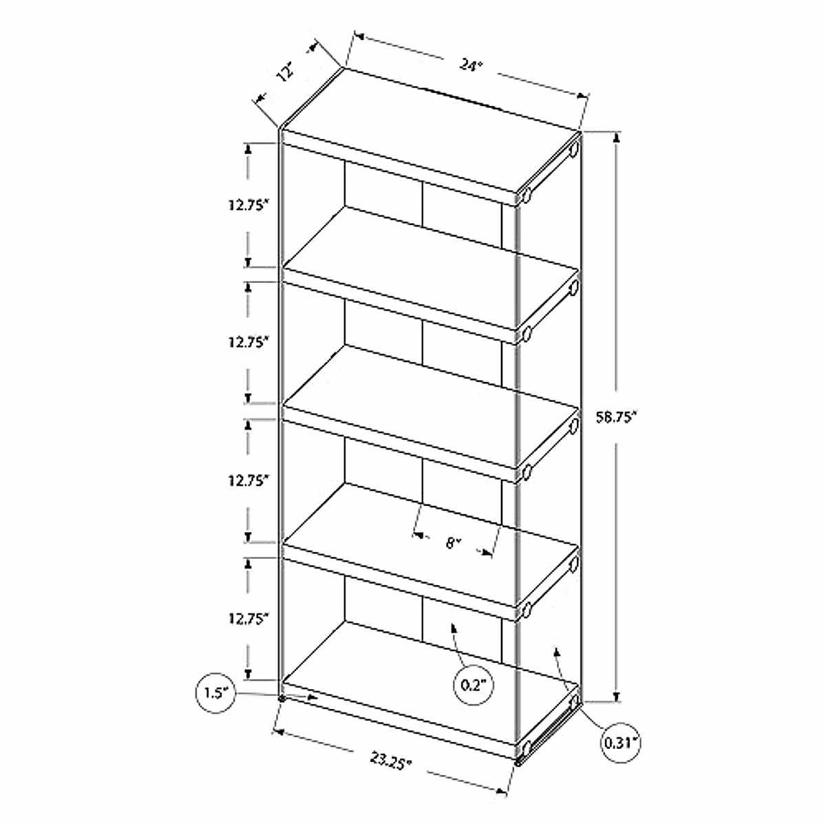 Monarch Specialties Bookcase - 5-Shelf Etagere Bookcase - Contemporary Look with Tempered Glass Frame Bookshelf - 60"H (Dark Taupe)