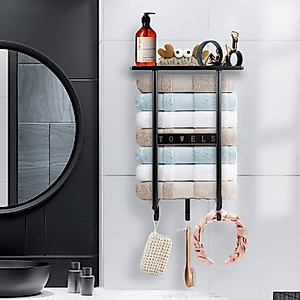 Towel Racks for Bathroom Wall Mounted, Wall Towel Rack for Rolled Towels, Bathroom Wall Organizers and Towel Storage, With Metal Shelf and 3 Hooks for Small Bathroom, Camper, RV Storage, Black