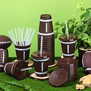 Domensi 20 Pieces Plastic Cups with Lid and Straw Reusable Tumbler Party Plastic Cups 16 oz Party Supplies Party Favors for Game Sport Birthday Party (Football)