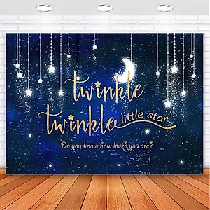 Mehofoto Twinkle Twinkle Little Star Backdrop Shinning Star and Moon Navy Blue Galaxy Sky Little Star Baby Shower Background 7x5ft Glitter Little Star Birthday Baby Shower Decoration Supplies