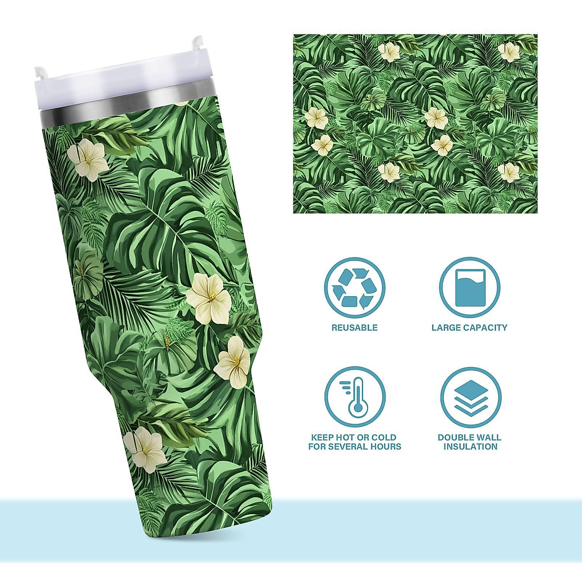 Slewiaeky Tumbler with Handle 40 oz Plant Palm Leaf Vintage Travel Mug with Lid and Straw Hibiscus Stainless Steel Vacuum Insulated Water Bottle Cup for Iced Tea Coffee Cold Beverages Cup Holder Frie