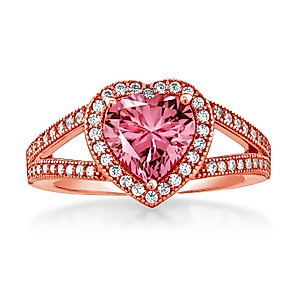 Gem Stone King 18K Rose Gold Plated Silver Pink Zirconia and White Moissanite Ring For Women (1.21 Cttw, Gemstone Birthstone, Heart Shape 8MM, Available In Size 5,6,7,8,9)