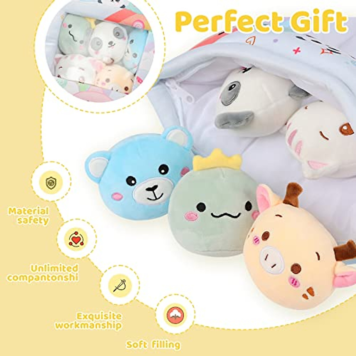 AIXINI a Bag of Animal Snack Pillow Plush Pudding Cat Panda Removable Stuffed Animal Sets Creative for Kids