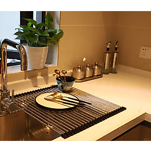 Ahyuan Roll Up Dish Drying Rack Multipurpose Kitchen Dish Rack Roll Over The Sink Dish Drying Rack Portable Rolling Dish Drainer for Kitchen Sink RV Accessories (Black, 17.7''X16.9'')