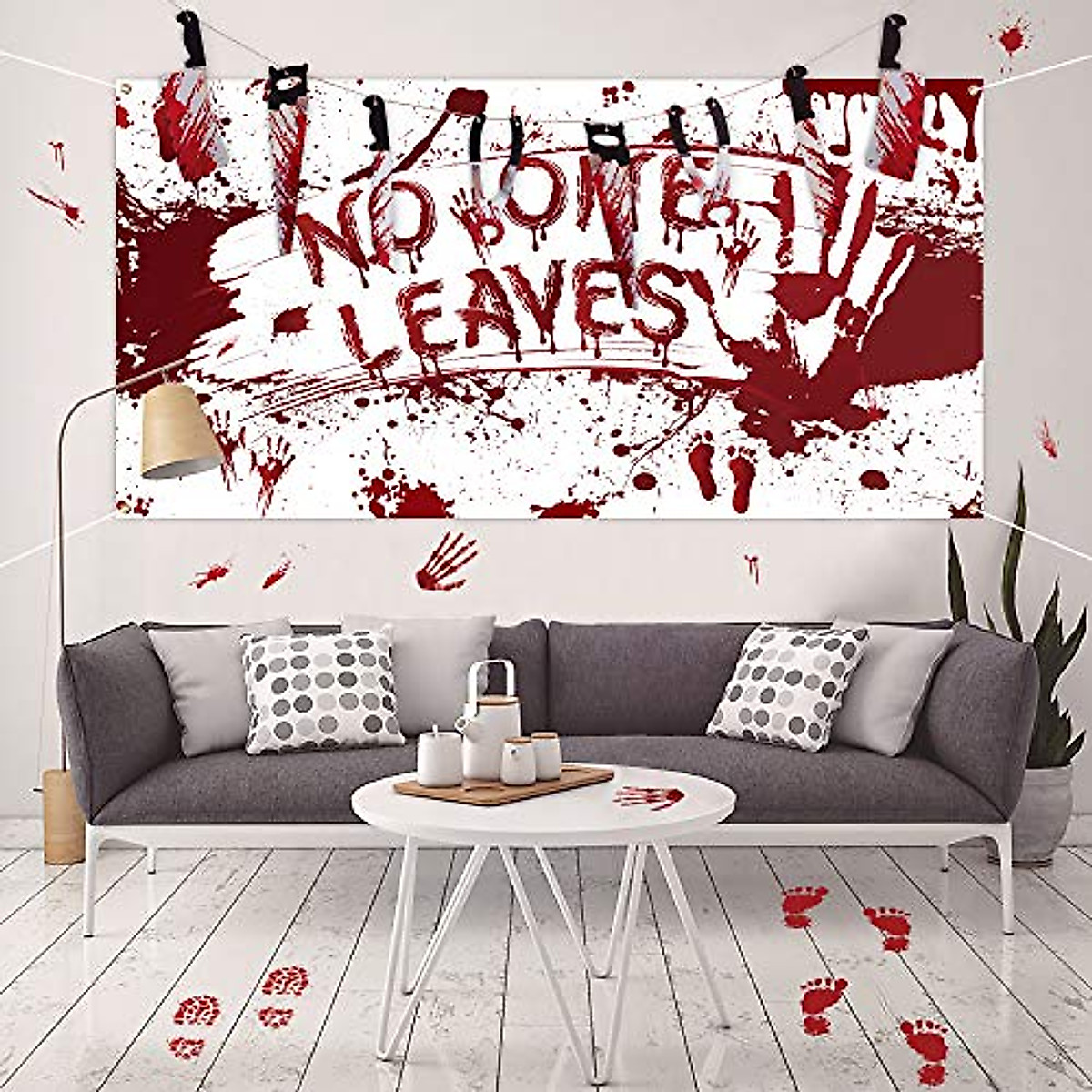 Halloween Decorations Set - Bloody Backdrop & Garland Banner & Footprints Handprints Floor Clings Decals - Zombie Vampire Party Supplies Garage Yard Outdoor Indoor Decor
