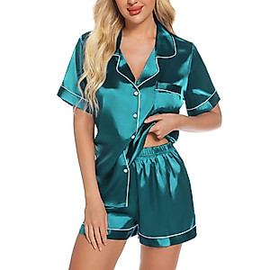 Senert Silk Satin Pajamas Set Women Two-Piece Nightwear Short Sleeve Sleepwear Soft Button Down Loungewear Pjs Set Green,XX-Large
