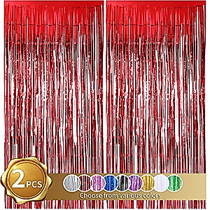 BEISHIDA 2 Pack Foil Fringe Curtains Red Photo Backdrop Streamer Tinsel Metallic Curtains Photo Props Background for Christmas Wedding Birthday Bachelorette New Year Party Decor(3.28 ftx6.56 ft)