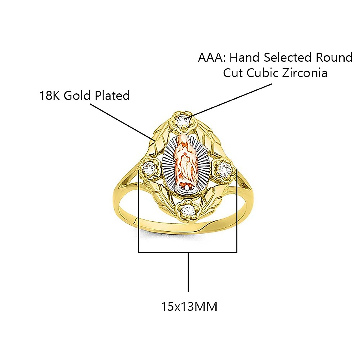 Savlano 18K Gold Plated Yellow White & Rose Tri Color Lady of Guadalupe Virgin Mary with 4 Round Cut Cubic Zirconia Women Religious Ring (7)