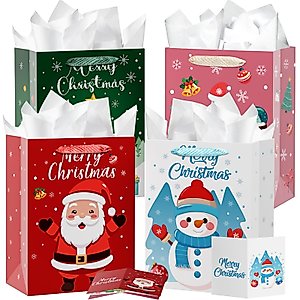 GonLei 4Pack 13" Large Christmas Gift Bags with Tissue Paper,Xmas Gift Bag for Presents,Assorted Christmas Tote Bags Bulk for School Family Holiday Party