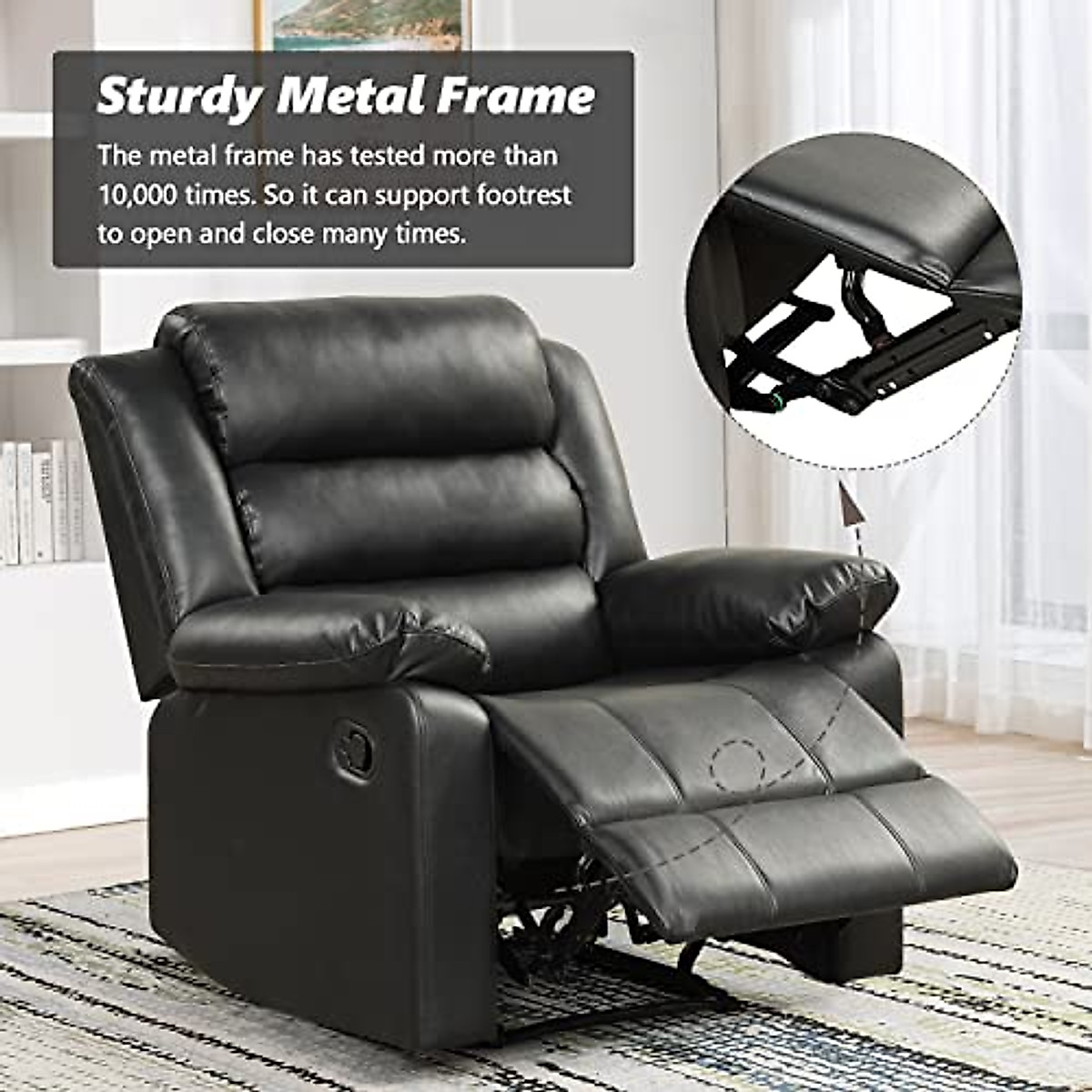 ANJ Manual Recliner Chair, Breathable PU Leather Reclining Chair, Extra Wide Recliners with Overstuffed Arm and Back, Single Sofa Chair for Living Room Bedroom(Black)