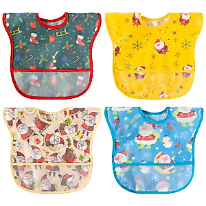 2ooya 4pcs Christmas Baby Feeding Bibs Toddler Waterproof Bib Set with Crumb Catcher Pocket Infant Adjustable Teething Food Bib Baby Keepsake Gift for Christmas,6-12 Months