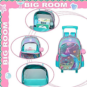 ZBAOGTW Mermaid Rolling Backpack for Girls with Lunch Box Kids Backpack with Wheels for School Sequin Rolling Backpack for Kindergarten Girls Trolley Trips Kids Luggage