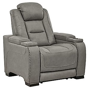 Signature Design by Ashley The Man-Den Leather Power Recliner with Adjustable Headrest & Wireless Charging, Gray