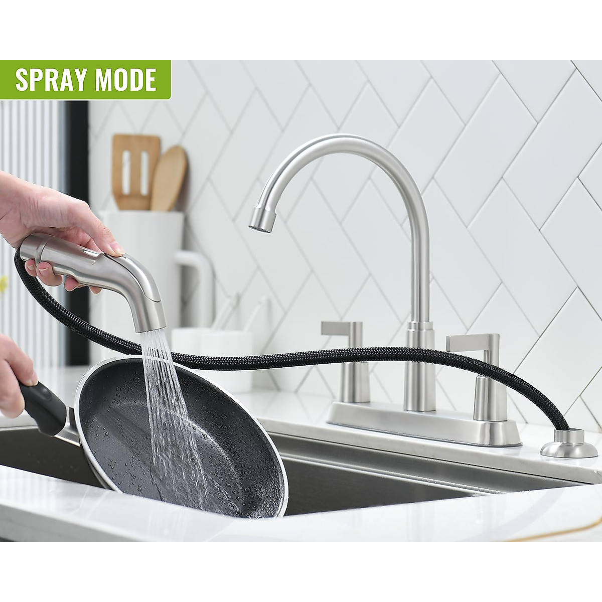 Kitchen Faucet with Sprayer, Brushed Nickel Stainless Steel Kitchen Sink Faucet with Side Sprayer, 3 Hole or 4 Hole Faucet for Kitchen Sink, Commercial RV Laundry Utility Kitchen Faucet KMF023L-1