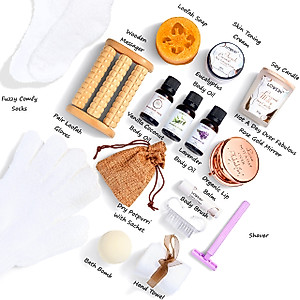 Christmas Bath Gift Set, 20pc French Coconut Aromatherapy Spa Gift Basket for Women & Men Self Care Package Spa Kit, Handmade Gift Box, Body Oils, Organic Lip Balm, Bath Bomb, Spa Gifts for Birthday