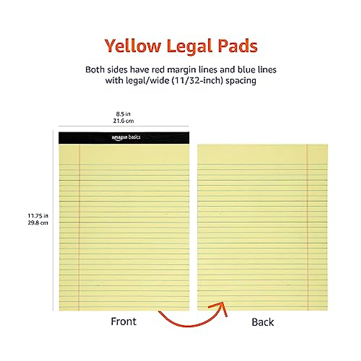 Amazon Basics Wide Ruled Lined Writing Note Pad, 8.5" x 11.75", Canary, 600 Perforated Sheets, 12-Pack of 50