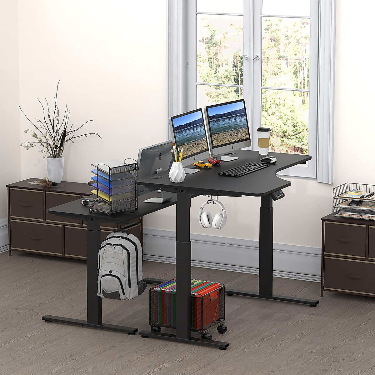 SHW 55-Inch L-Shaped Electric Height Adjustable L-Shaped Standing Desk with Left Facing Corner, Black