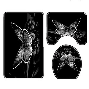 Black Butterfly 4PCS Shower Curtain Sets with Non-Slip Rugs, Toilet Lid Cover and Bath Mat, Durable Waterproof Shower Curtains with 12 Hooks (Black Butterfly)
