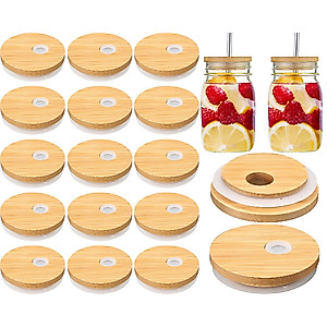 Sieral 70mm Bamboo Jar Lids with Straw Hole for Glass Cups Reusable Wooden Mason Jar Lids for Beer Can Cups 2.76inch Canning Lids with Silicone Ring for Regular Mouth Drinking Jars(20 Pcs)