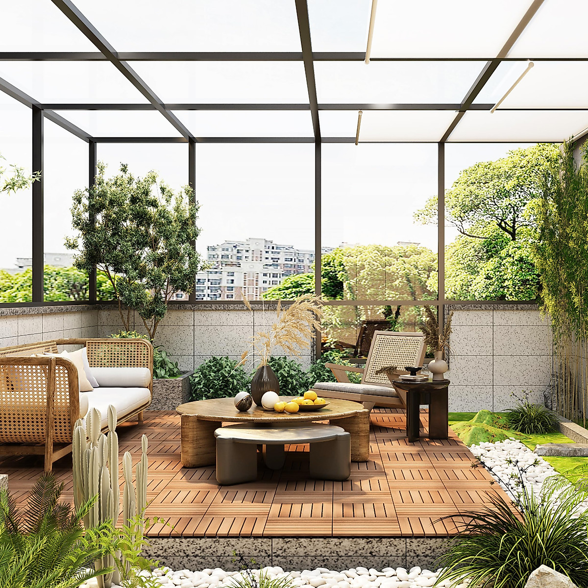 PrimeZone 27 PCS Solid Acacia Wood Interlocking Patio Deck Tiles - 12" x 12" Indoor Outdoor Waterproof Flooring Tiles for Balcony, Backyard, Garden & Poolside, All Weather Use, Natural Wood