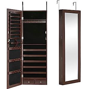 FDW Jewelry Cabinet 47.3" H Wall/Door Mounted Lockable Jewelry Armoire With 2 Drawers 6 Shelves 43.3"×10.6" Mirror High Capacity Jewelry Organizer, Brown