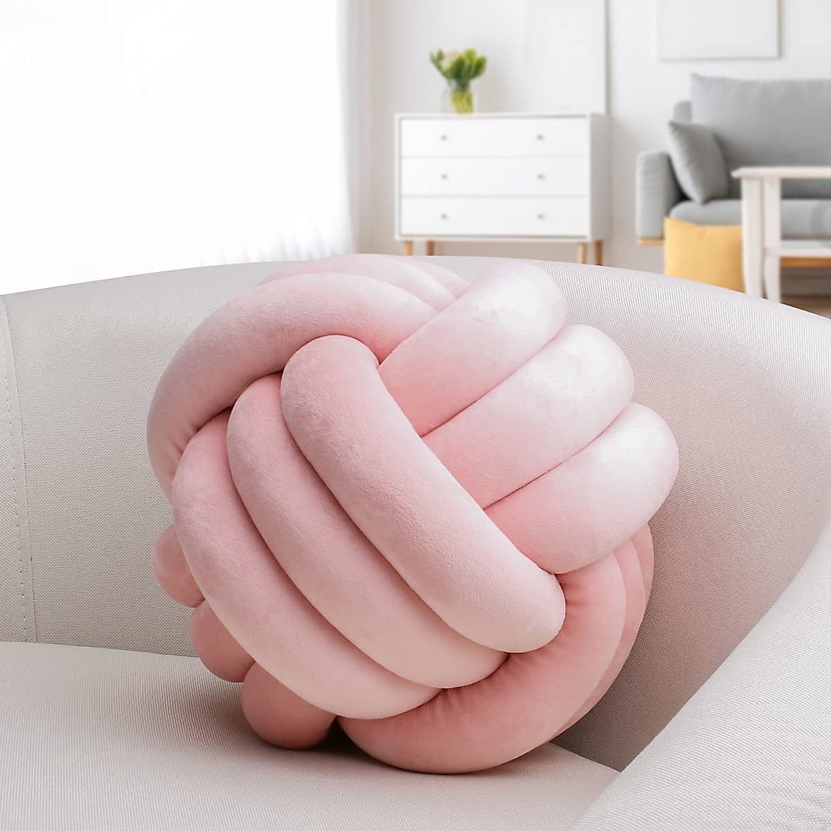 XHJRI Soft Knot Ball Pillows， Round Ball Cushion Pillows, Kids Room Decoration Plush Pillow Girl Photography Props， Throw Knotted Pillow Handmade (Light Rose Gold, 8.6 Inch)